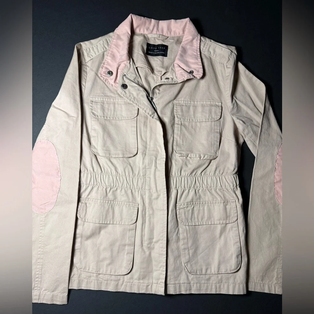 Love Tree | Jackets & Coats | Love Tree Beige Utility Jacket With Pink ...
